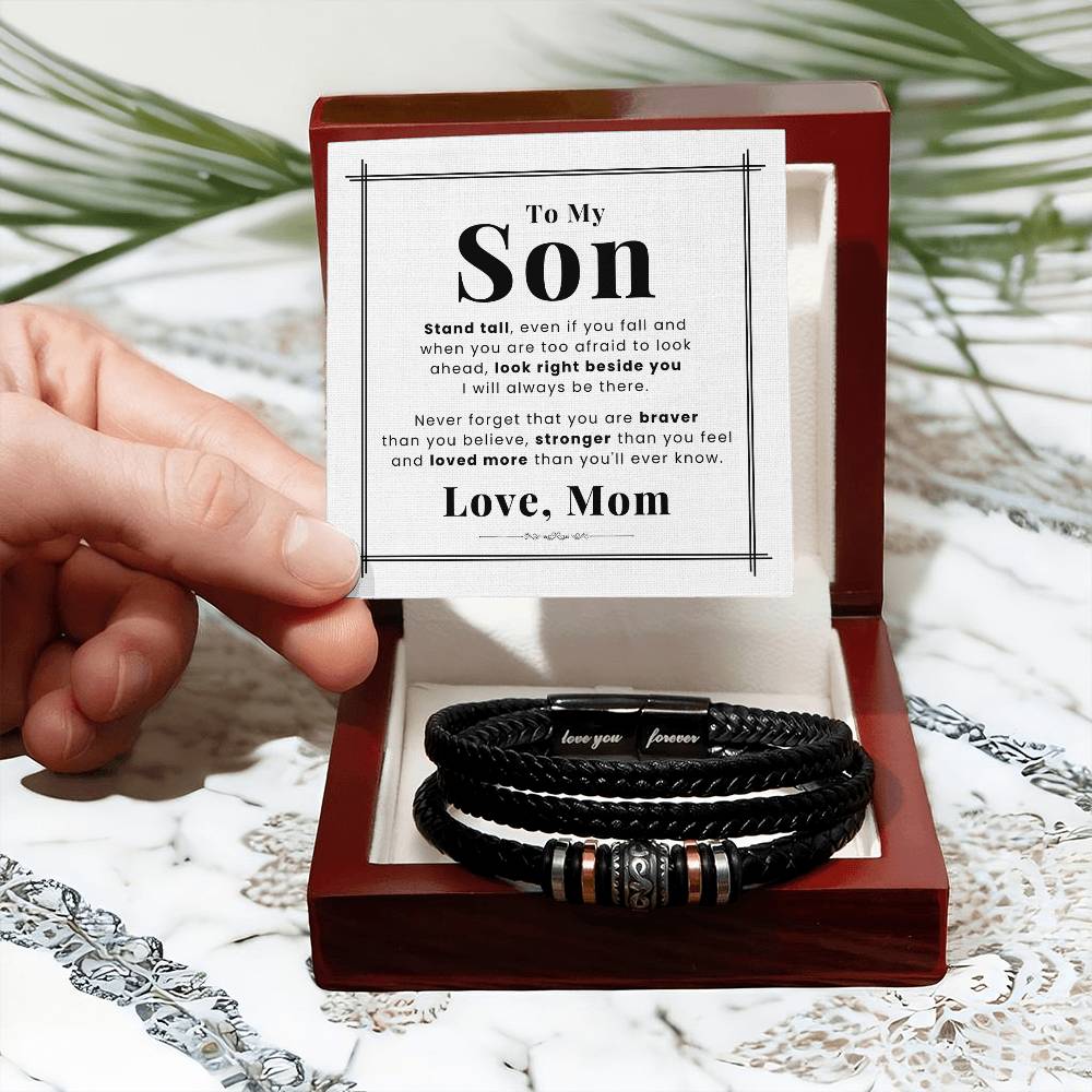 to My Son Bracelet from Mom and Dad Always Remember Leather Birthday Day Gifts for Son from Mother Luxury Box w LED